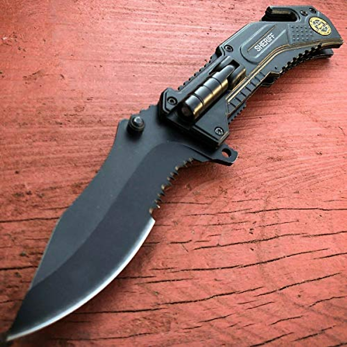 Spring Black Sheriff Led Light Spring Assisted Blade Pocket Stainless Steel Blade Folding Knife