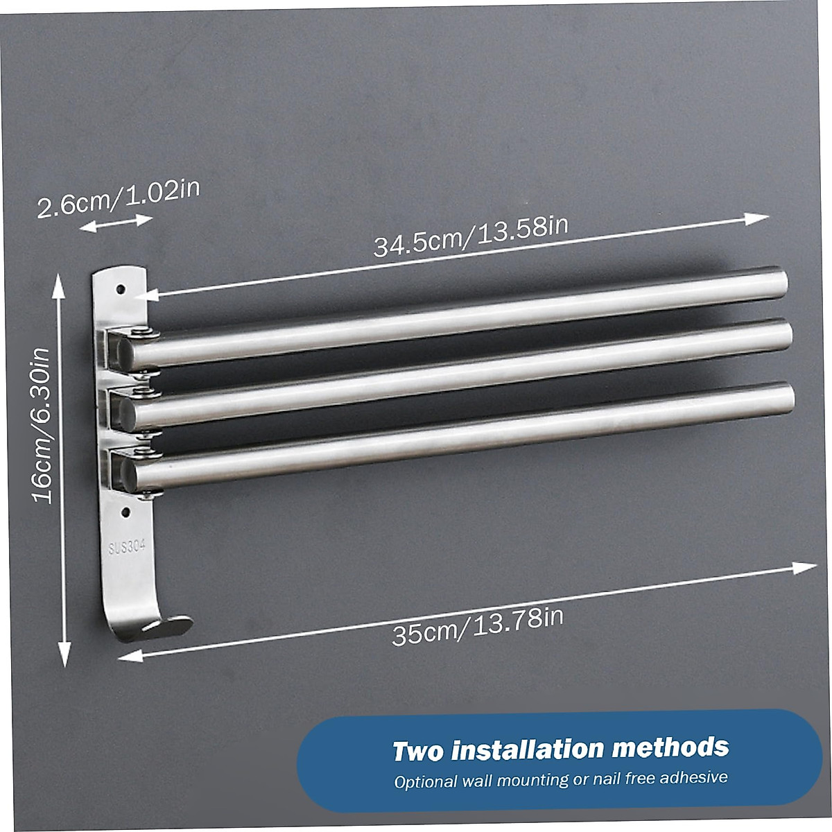 CNAFGBGG Swivel Towel Rack, 3-Arms Stainless Steel Swivel Towel Bar, Wall Towel Holder Self-Adhesive Bath Towel Holder, Wall Mount Space Saving Bathroom Towel Bar for Kitchen, Toilet