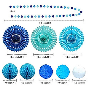 Decor365 Under The Sea Theme Blue Party Decorations Circle Garlands Paper Fan Flower Tissue Pom Poms Decoration Hanging Decor for Ocean Coastal Beach Baby Shower Boy Birthday Wedding Kids Room