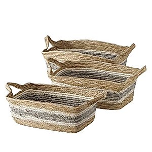 Coastal Grey Stripes 3 Piece Basket Set, Rectangular, Shelf Organizers, Corn Husk Wicker, Durable Chunky Rope Weave, 15.75, 18.5, and 19.25 Inches