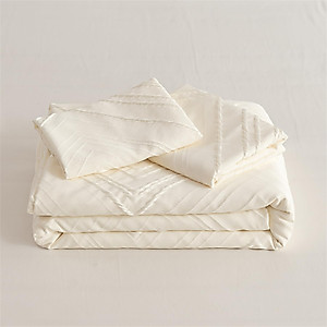 YASMENG 3 Pieces Ivory Pleated Chevron Duvet Cover Set Queen Size Wave Stripes Patterned Jacquard Bedding Set Stereoscopic Aesthetic Solid Comforter Cover with Zipper Closure for All Seasons