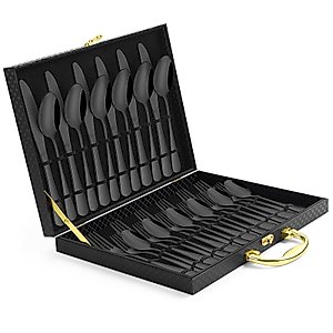 30-Piece Black Silverware Set, Blingco Black Flatware Set for 6, Food-Grade Stainless Steel Cutlery Set, Tableware Eating Utensils with Gift Box for Home Restaurant, Mirror Polished, Dishwasher Safe