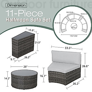 SUNSITT Outdoor Patio Furniture 11-Piece Half-Moon Sectional Round Patio Furniture Set Curved Outdoor Sofa with Tempered Glass Round Coffee Table, 4 Pillows, Grey Rattan & Light Grey Cushion
