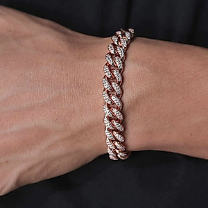 Apzzic 12mm Iced Out Cuban Link Chain Gold Plated Bracelet Hip Hop Bling Full CZ Lab Diamond Miami Bangle Bracelet for Women Men Rose Gold 8Inch