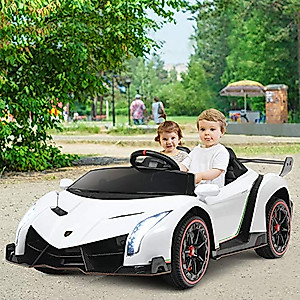 Costzon 2-Seater Ride on Car, Licensed Lamborghini Poison, 12V Battery Powered Car w/ 2.4G Remote Control, 3 Speed, Swing Mode, LED Lights, Horn, USB/MP3/TF, Electric Vehicle for Kids, White