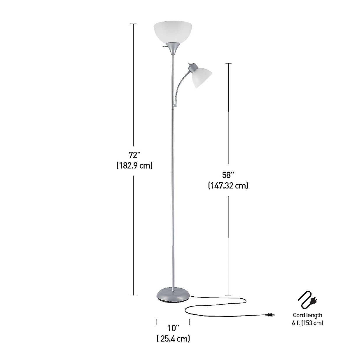Globe Electric 67134 72" Torchiere Floor Lamp + Adjustable Reading Light, Silver, Frosted Plastic Shade, 3-Step Rotary Switch on Socket, Living Room Décor, Reading Light, Home Essentials, Bedroom