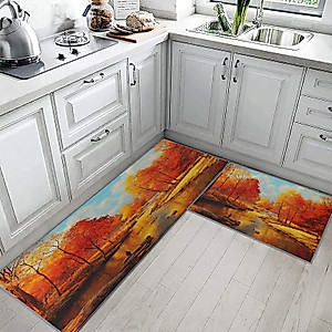 ArtSocket Autumn Kitchen Rugs and Mats Non Skid Washable Set of 2, Orange Red Fall Kitchen Runner Rug, Golden Trees Harvest Maple Kitchen Floor Mat Under Sink Mat Throw Rug for Doormat