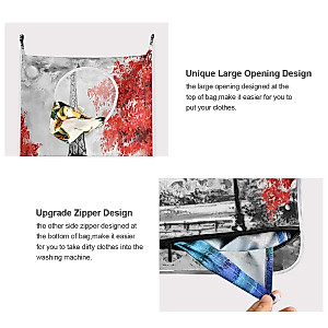 Paris Eiffel Tower Door Hanging Laundry Hamper Bag Red Tree Lovers Space Saving Wall Large Laundry Basket Storage Dirty Clothes Bags with Bottom Zippers Hooks for Bathroom Bedroom 1 Pcs