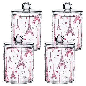 Kigai Romantic Eiffel Tower Clear Plastic Apothecary Jars 2 Pack, 14 oz Qtip Holder Dispenser with Lid for Cotton Ball, Cotton Swab, Floss Picks, Makeup Sponges, Hair Clips