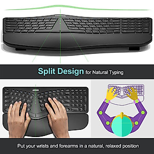 Arteck Split Ergonomic Keyboard with Cushioned Wrist and Palm Rest, 2.4G USB Wireless Comfortable Natural Ergonomic Split Keyboard, for Windows Computer Desktop Laptop