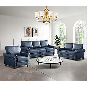 Antetek 2-Piece Comfy Upholstered PU Leather Sofa Couch Set, Mid-Century Modern Loveseat Sofa+3 Seater Couch with Storage Space for Living Room, Furniture Set, Navy Blue