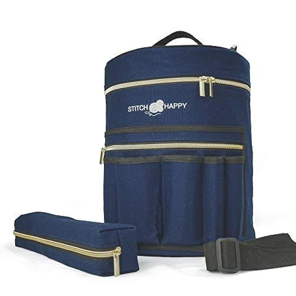 Stitch Happy XL Knitting Bag (Navy): 7 Pocket Yarn Bag, Crochet Bag, Yarn Storage, Crochet Storage