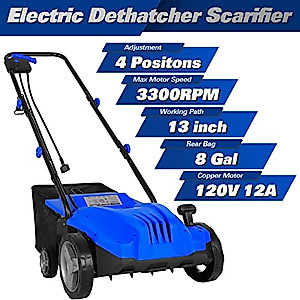 BILT HARD Dethatcher Scarifier Electric Powered, 12 Amp Copper Motor 13 inch Raking Width, 8 gal Thatch Bag, 2 in 1 Walk Behind Thatch Removing Machine for Lawn