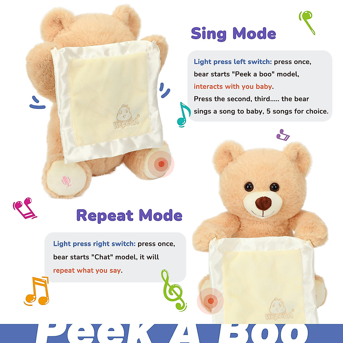Hopearl Peek A Boo Bear with Security Blanket Interactive Repeats What You Say Plush Teddy Bear Toy Musical Singing Talking Stuffed Animal Adorable Electric Animate Birthday Festival, Beige, 11''