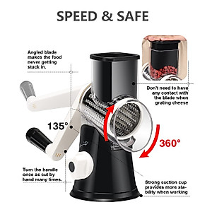 Ancevsk Rotary Cheese Grater with Handle, Manual Speed Round Cheese Shredder with Strong Suction Base, Easy to Use Potato Hashbrown Shredder with 3 Replaceable Stainless Steel Drum Blades (Black)