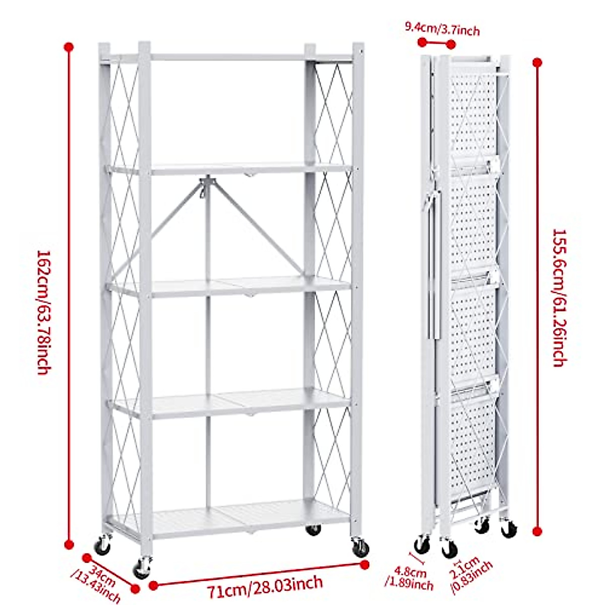 Mochubang Foldable Storage Shelves Unit, 5-Tier Folding Shelf Steel Shelving Rack Organizer Cart with Rolling Wheels for Mobile in Kitchen, Warehouse, Closet, Patio, Pantry Organization (White)