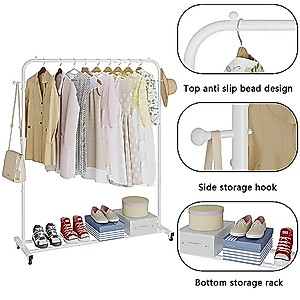 Boeeoan Garment Rack, Clothes Rack With Wheels, Freestanding Simple Single Pole, Coat Rack, Multi-functional Rolling Clothing Storage Rack With 2 Hooks for Bedroom, Laundry Room, Living-room, White