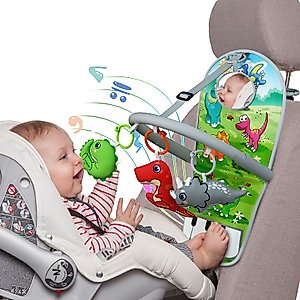 UNIH Car Seat Toys for Baby Infant 6 Months and Up, Adjustable with Baby Mirror and Hanging Squeaky Sensory Soft Toys 6 to 12 Months (with Music) Festival Prezzie for Kids