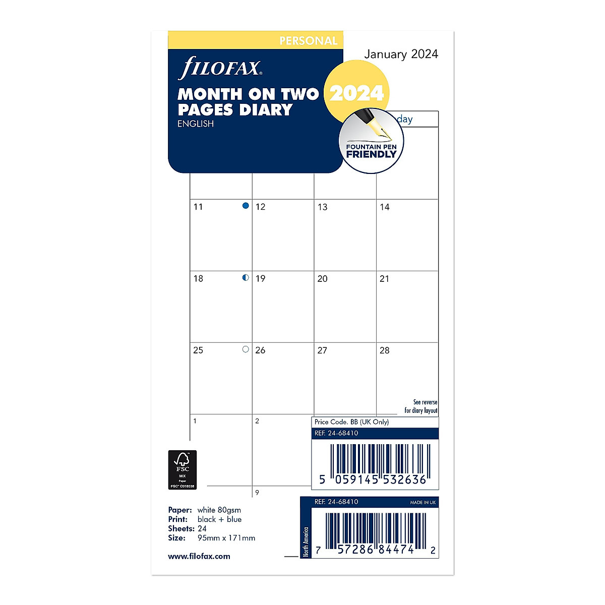 Filofax Calendar Diary Refill, Personal/Compact Size, Month-to-View, White Paper, English, 2024 (C68410-24)
