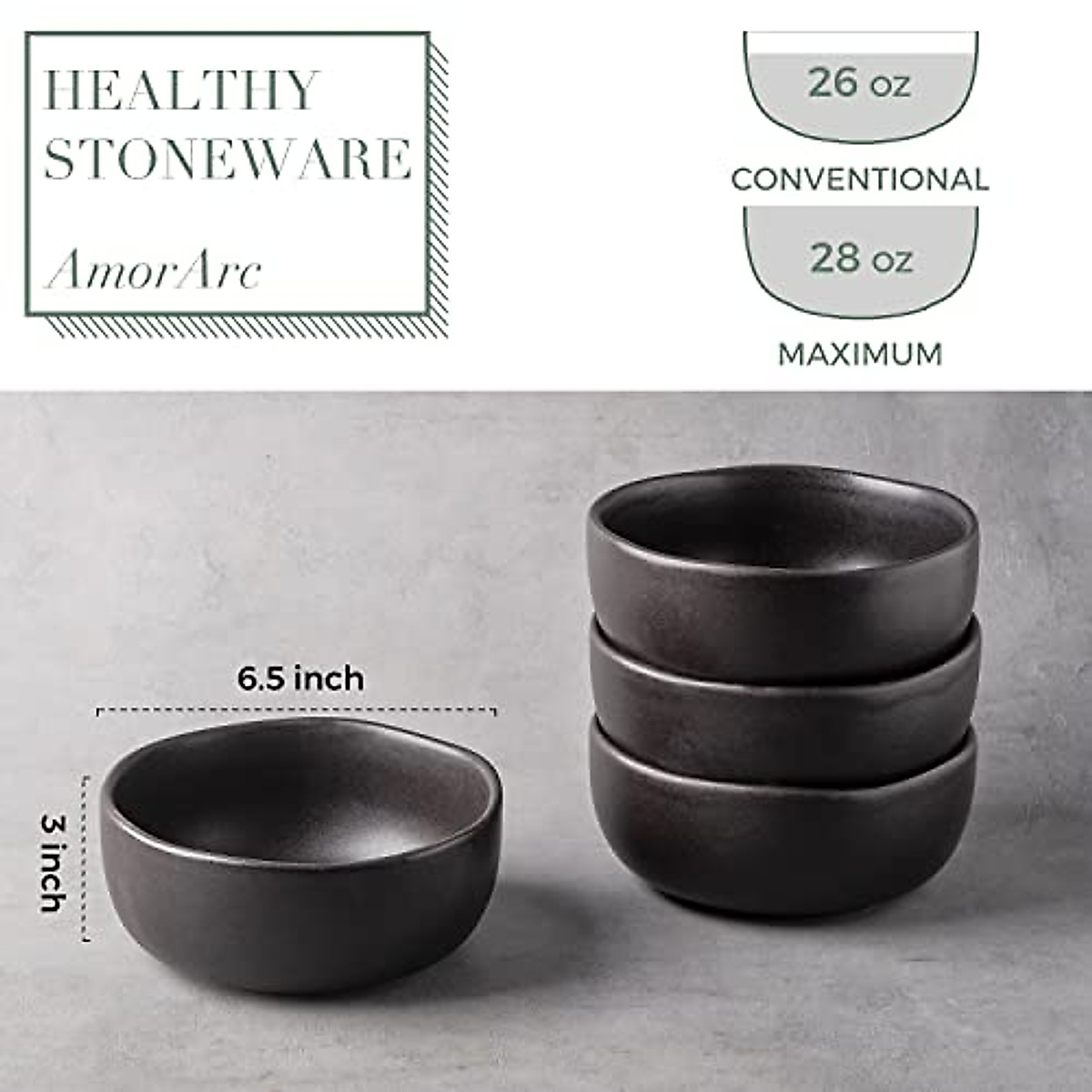 AmorArc Stoneware Cereal Bowls for Kitchen, 28oz Large Ceramic Soup Bowls Set of 4 for Meal, Chip-Resistant Kitchen Bowls with Wavy Rim, Reactive Glaze-Matte Black