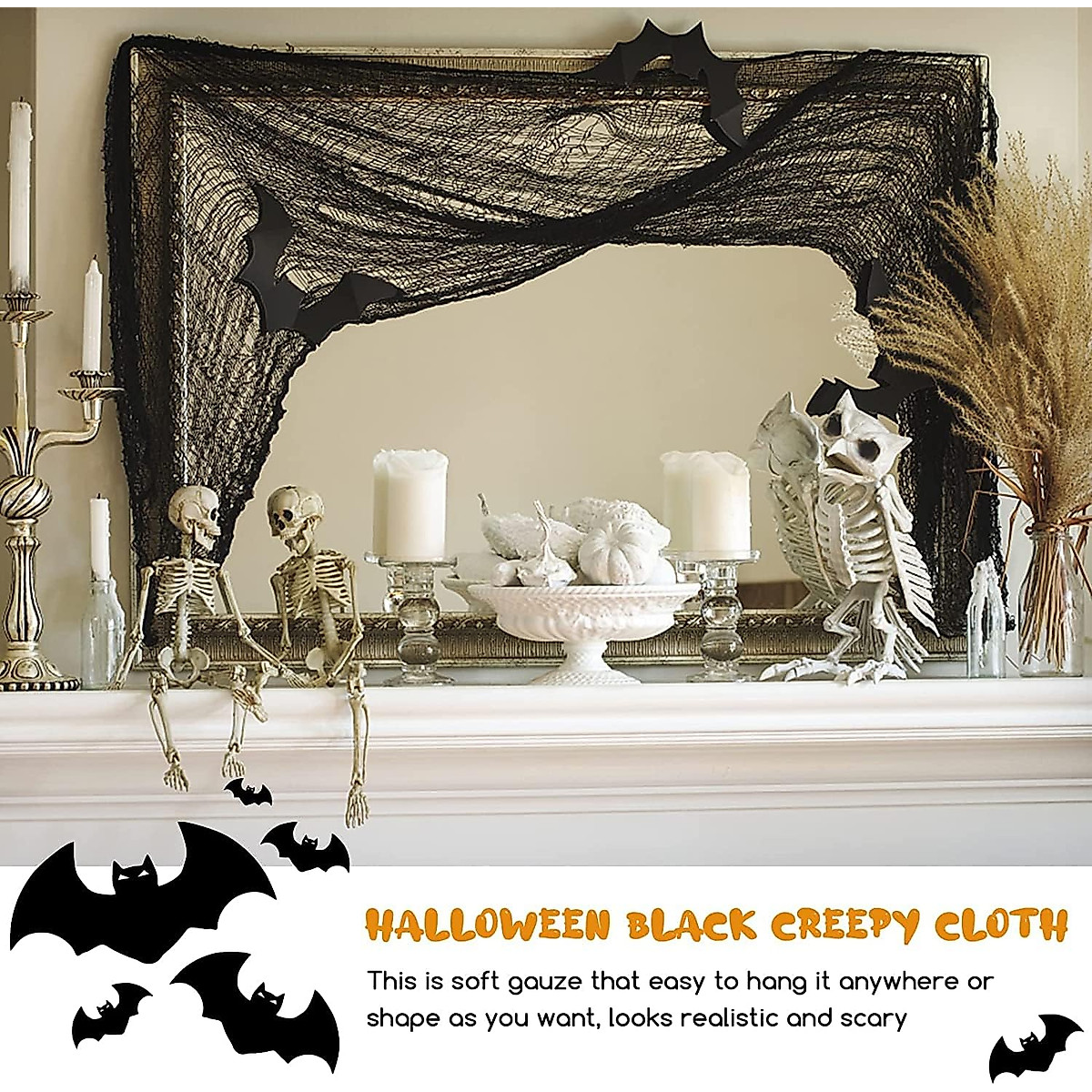 Kijamilee 4 Pack Halloween Creepy Cloth, Scary Spooky Cloth Creepy Gauze, 30 x 120inch Freaky Loose Weave Creepy Cloth, Decorations for Haunted Houses Props Halloween Wall Outdoor Indoor Decor (Black)