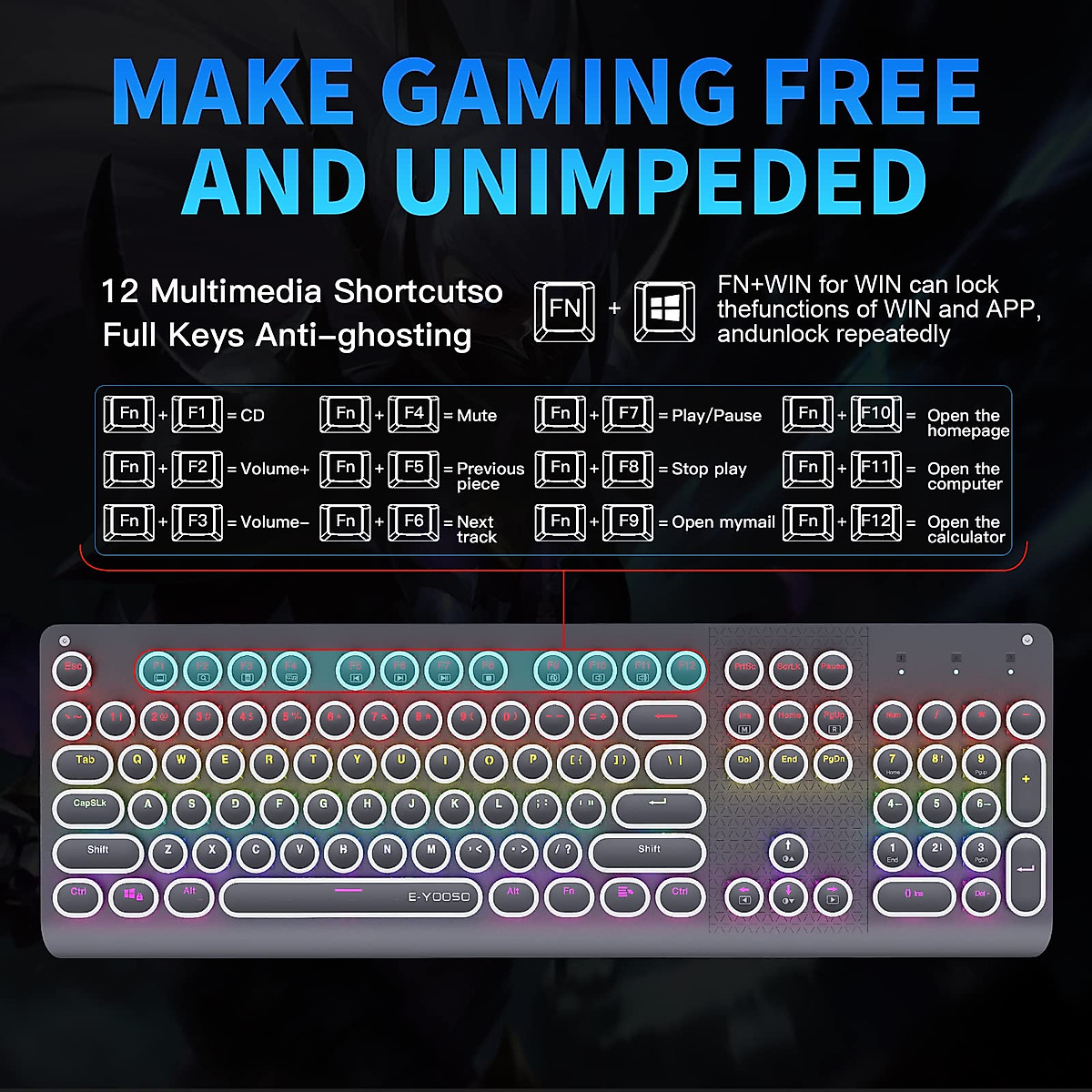 E-YOOSO K600 Mechanical Gaming Keyboard 104 Keys LED Backlit Keyboard Crystal Keycap (Blue Switch)