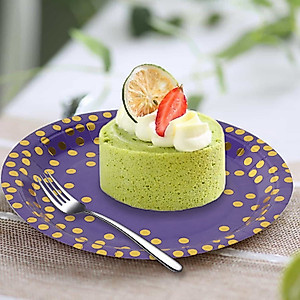 CENLBJ Purple and Gold Paper Plates,7INCH Purple Dessert Party Plates,Purple Foil Polka Dots Paper Plates for Birthdays,Graduation,Mardi Gras,Bridal Parties(100 PCS)