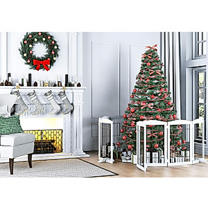 Spirich Free Standing Foldable Wire Pet Gate for Dogs, 80 inches Extra Wide, 30 inches Tall 4 Panels Dog Gate for the House, Doorway, Stairs, Pet Puppy Safety Fence,Set of Support Feet Included, White