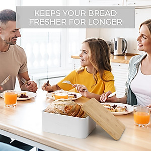 Beautiful Bread Box With Wooden Lid For Your Kitchen Countertop - Spacious Container Perfectly Stores Your Homemade Bread, English Muffins & Bagels - Quality Cutting Board Lid Keeps Your Bread Fresh