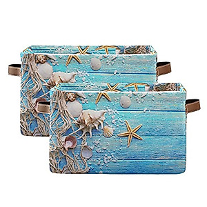 AUUXVA Summer Beach Wooden Starfish Storage Bins Basket, Ocean Seashell Nautical Collapsible Storage Cube Rectangle Storage Box with Handles for Shelf Closet Nursery Bedroom Home Office 1 Pack