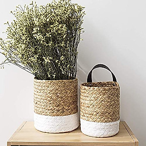 Goosacyon 2 Pack Seagrass Woven Hanging Basket Woven Wall Basket with Handle Rope Storage Basket Wicker Baskets for Plants Flower Clothes Home Decor