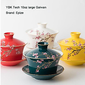 YBK Tech 10oz Large Gaiwan, Porcelain Kung Fu Tea Cup and Saucer with Lid, Chinese Traditional Gaiwan, Sancai Tea Bowl - Embossed Plum Patterns (Green)