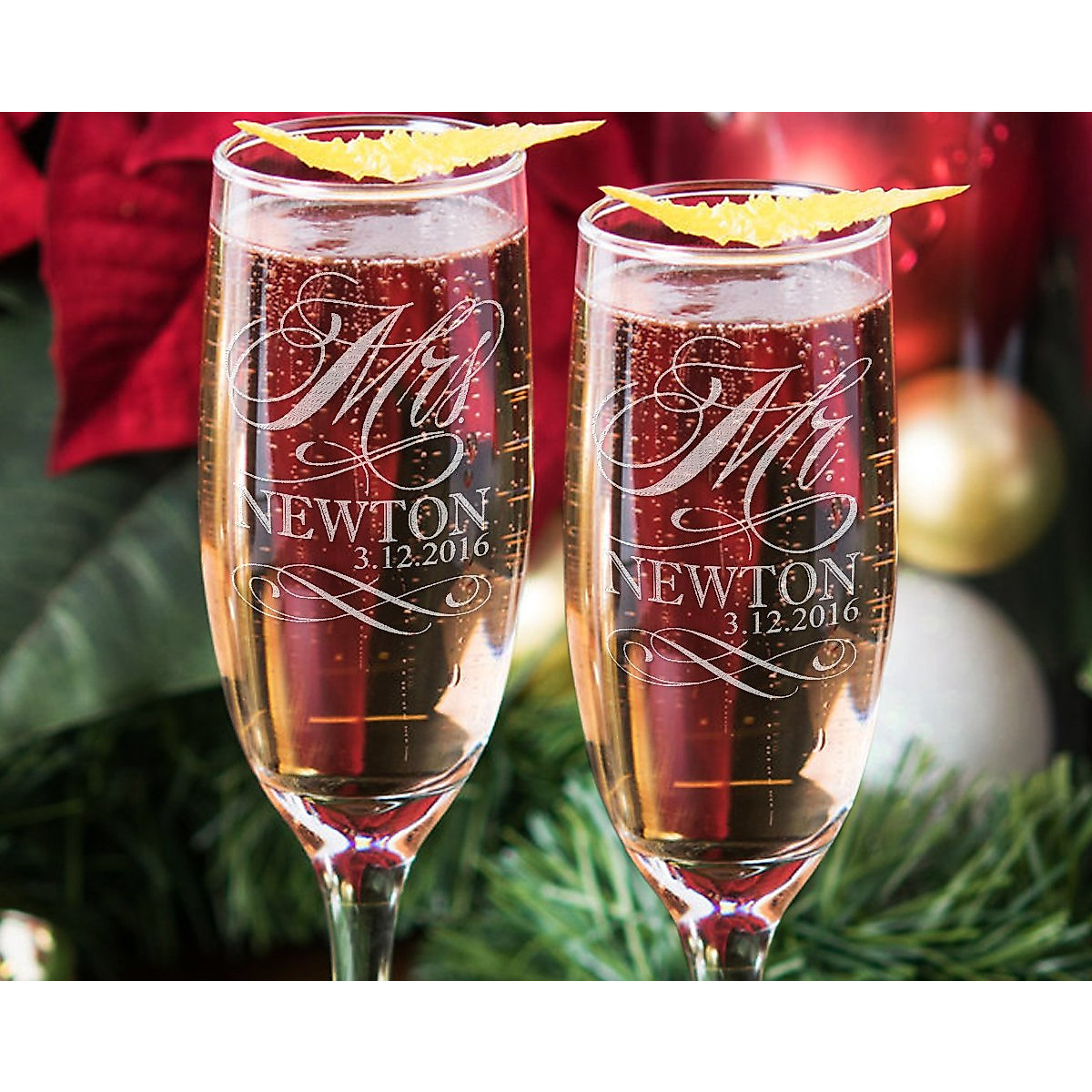 CHRISTMAS-STOCKINGS-by-STOCKINGFACTORY Mr and Mrs Champagne Wedding Glasses, Set of 2 Personalized Toasting Flutes, Engraved Mr and Mrs Wedding Toast Glass Flutes, Bride and Groom