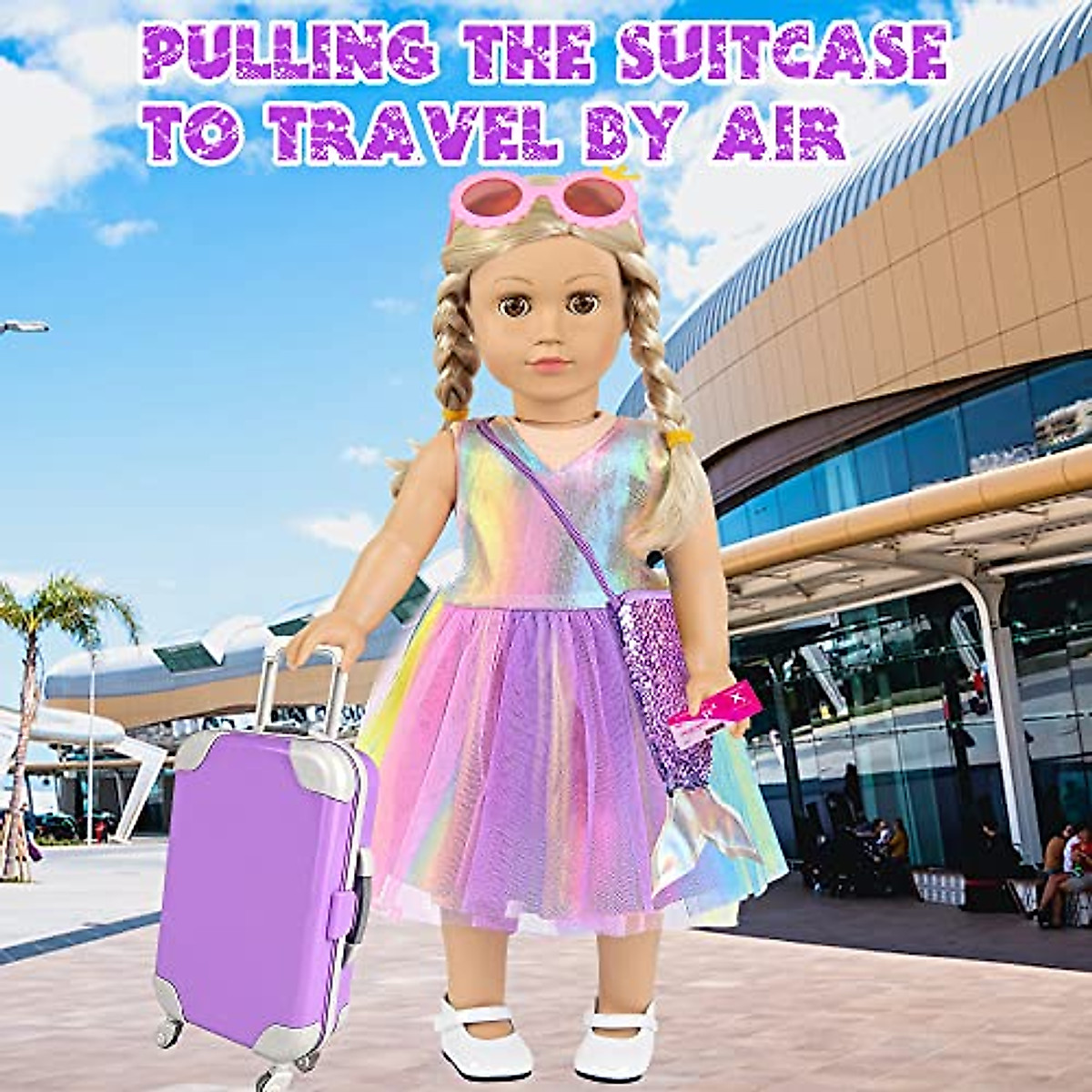 Mermaid 18 inch Doll Clothes and Doll Accessories Case Luggage Travel Play Set Include Suitcase, Dresses, Bag, Camera, Glasses, Pillow, Eyeshade Etc (No Doll)
