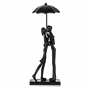 Sziqiqi Iron 6th Sculpture for Wife - Black Metal Couple Statue Kissing Under Umbrella Man Woman Sculpture Figurines for Shelf Mantel Fireplace Entry Bookshelf Television Room