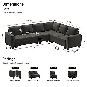 Belffin Grey Velvet L-Shape Sectional Sofa with Reversible Chaise, 107.8'L x 84.2'W x 35.8'H, Modular, Modern, Sofa Couch for Living Room, 5 Seater, Easy Assembly