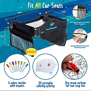 2 PK - Kids Car Seat Activity Tray | Inspire Active Toddlers & Big Kids for Years! Dry-Erase White Board & Eating Snack Travel Tray with No-Drop Tablet iPad Holder Stand & Art Supplies Storage Pocket