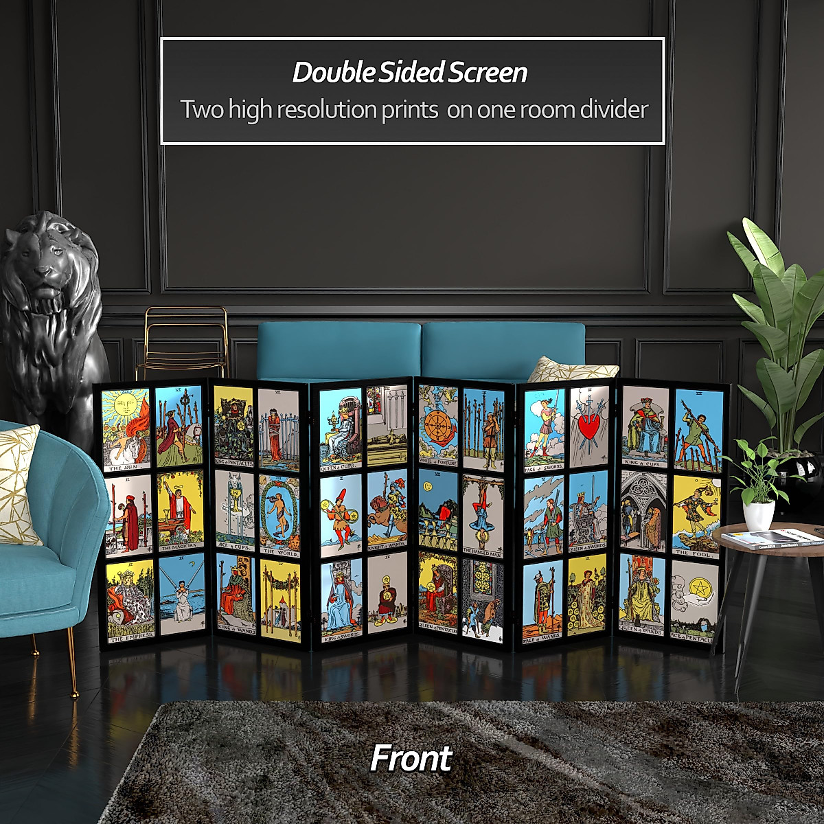 Red Lantern 3 ft. Short Double Sided Rider-Waite Tarot Canvas Folding Screen 6 Panel Freestanding Partition and Separator for Modern and Contemporary Bedroom, Home Office, Studio, Dorm, Apartment