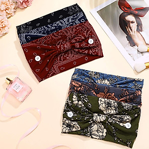 6 Pieces Nursing Headbands with Buttons for Nurses Doctor Women Boho Bandana Headbands Wide Stretch Head Wraps Elastic Hair Bands for Face Covering Holder Ear Protection (Retro Pattern)