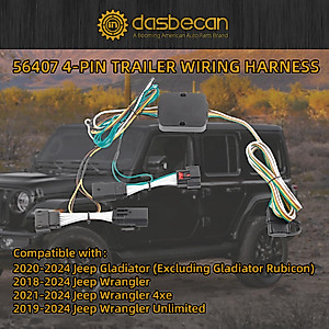 Dasbecan 56407 4-Pin Trailer Wiring Harness Compatible with Jeep Wrangler JL 2018-2024 Gladiator GT 2020-2024 4 Way Towing Hitch Wiring for Trailer Light Connect