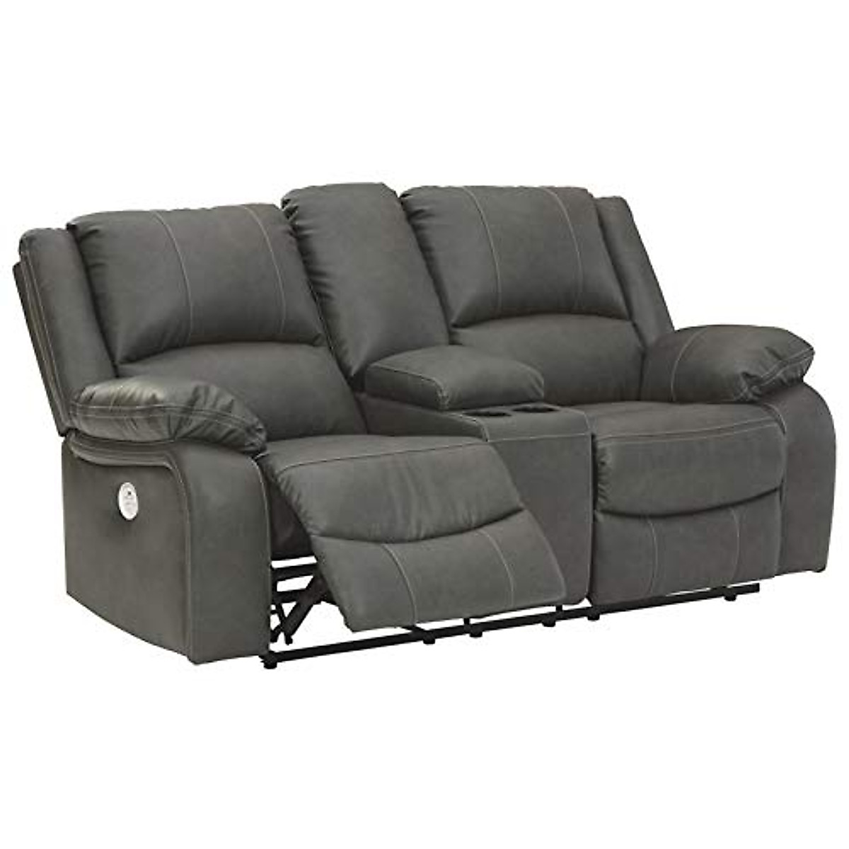 Signature Design by Ashley Calderwell Faux Leather Power Double Reclining Loveseat with Storage Console, Gray