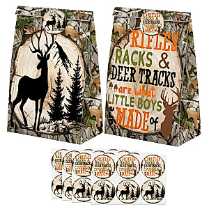 XGELUL Deer Hunting Party Favors Candy Bags with Stickers - Camo Goodie Gift Treat Bags - Deer Hunting Themed Birthday Party Supplies