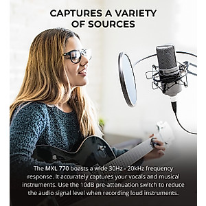 blucoil MXL 770 Cardioid Condenser Microphone (Silver) Bundle 20-FT Balanced XLR Cable, Pop Filter Windscreen, Adjustable Mic Stand, and 4-Pack of 12 Acoustic Foam Isolation Panel Wedges