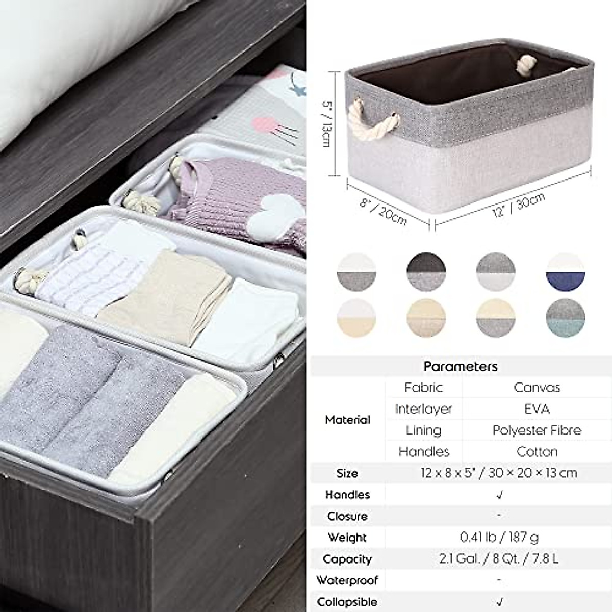 Sea Team 3-Pack Small Storage Basket Set, Storage Cube Organizer, Storage Bins, 12 x 8 x 5 Inches, Rectangle Canvas Fabric Collapsible Shelf Box with Handles for Kids Room (Ash Grey/Grey)