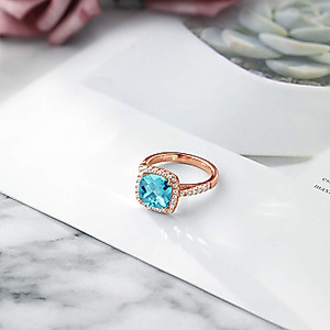 Gem Stone King 3.25 Ct Cushion Checkerboard Swiss Blue Topaz White Created Sapphire 18K Rose Gold Plated Silver Ring (Size 7)