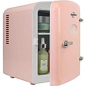 Koolatron 4L Retro Portable Mini Fridge w/ 12V DC and 110V AC Cords, 6 Can Personal Cooler for Snacks, Beverages, Skincare, Beauty Serum, Face Mask, Desktop Accessory for Home Office Dorm Travel, Pink