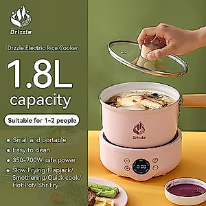 Drizzle Pink Electrical Cooker 1.8L - 6 in 1 Soup,Prridge,Noodle,Steamer,Hot Pot,Delay Start - Multifunctional Hot Pot Non-stick Portable Pan - Egg Rice Ramen Oatmeal Steak Pasta - Dorm Office Hotel Camping