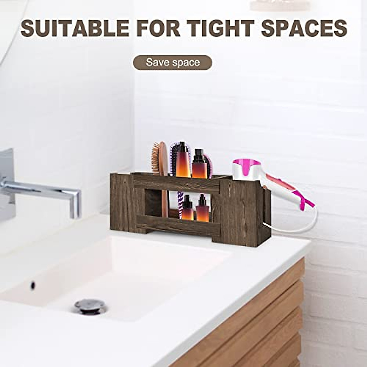 Wood Hair Tool Organizer, Hair Dryer Holder Wall Mount Hair Styling Product Care Tools Organizers Storage, Bathroom Vanity Countertop Blow Storage Stand for Flat Irons, Hot Curling Wand