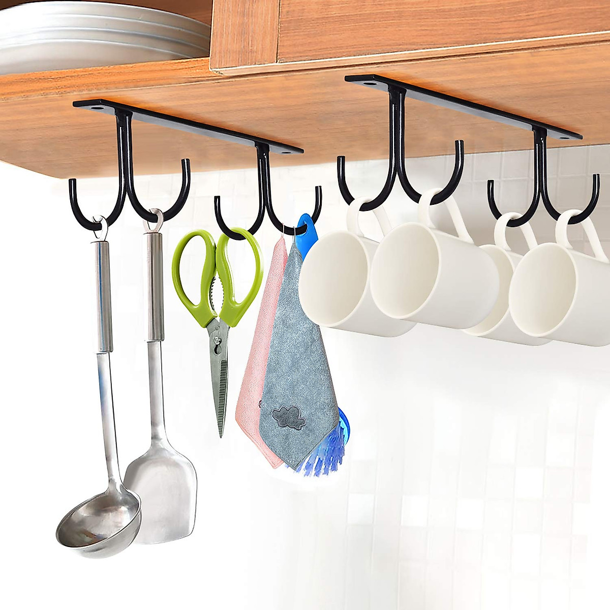 Mocoum Under Cabinet Mug Rack, Rustic Mug Organizer Rack Cup Holder Under Shelf Hanging Hooks Rack for Mugs, Coffee Cups and Kitchen Utensils Display (Black-2 Pack-8 Hooks)