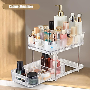 Flytreal 2 Tier Vanity Makeup Perfume Organizer Tray, Bathroom Counter Organizers and Storage, Clear Skincare Cosmetic Holder, Multi-Purpose Under Kitchen Sink Medicine Cabinet Pull Out Organizer